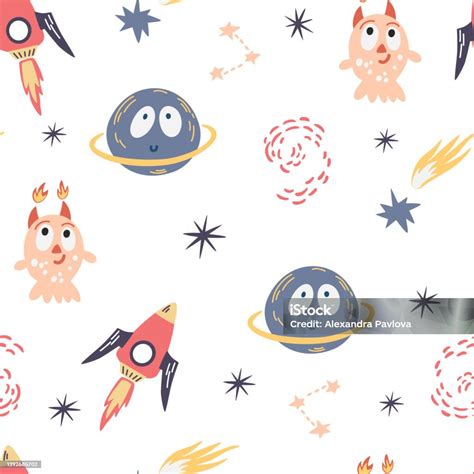 공간 이음새가 없는 패턴 만화 우주 로켓 몬서 행성 별이있는 배경 우주 어린이 디자인 벽지 섬유 및 인쇄에 적합합니다 벡터 손 그리기 그림 과학에 대한 스톡 벡터 아트 및