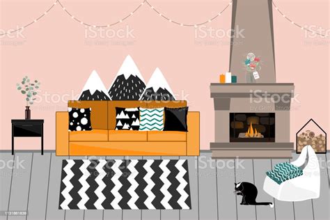 스칸디나비아 스타일의 아늑한 벡터 인테리어 벽난로가 있는 거실 베개 화 환 및의 자가 있는 편안한 밝은 소파 가정 생활에 대한 스톡 벡터 아트 및 기타 이미지 Istock