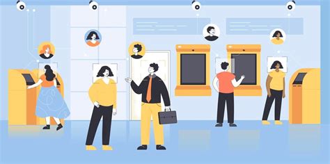 은행에 얼굴 인식 시스템이 있는 보안 카메라 Atm 기계 아바타 또는 디지털 데이터 플랫 벡터 일러스트레이션에서 현금을 인출하는 사람들의 얼굴 분석 Ai 배너의 안전