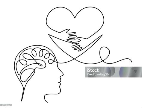 자원 봉사에 대해 생각하는 인간의 머리와 뇌의 지속적인 양식화 된 현대 그림 흰색 배경에 평면 벡터 선형 그림입니다 하트 모양에 대한 스톡 벡터 아트 및 기타 이미지