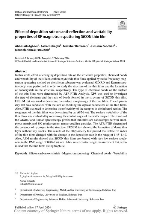 Effect Of Deposition Rate On Anti Reflection And Wettability Properties