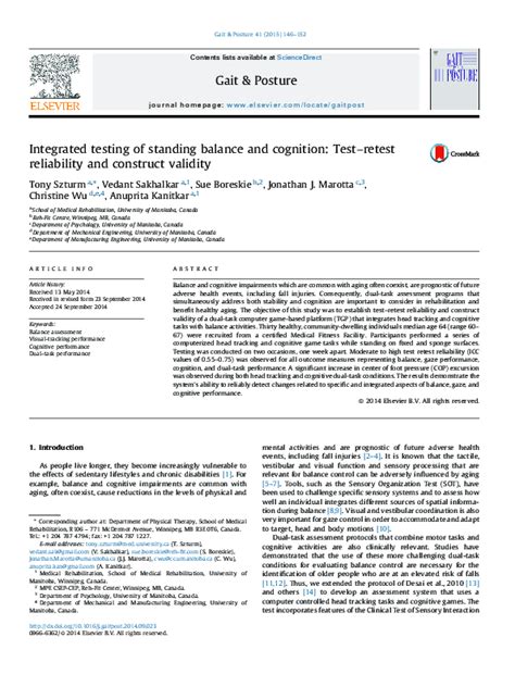 Pdf Integrated Testing Of Standing Balance And Cognition Test Retest Reliability And