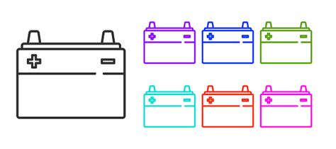 흰색 배경에 격리 된 검은 줄 자동차 배터리 아이콘 어큐뮬레이터 배터리 에너지 전력 및 전기 축적기 배터리 다채로운 아이콘을