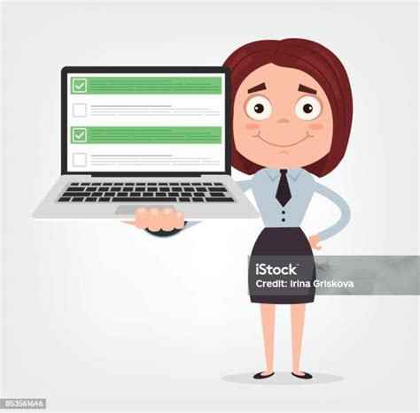 행복 미소 사업 사무실 작업자 여자 문자 체크 박스와 노트북 보유 Brand Name Online Messaging