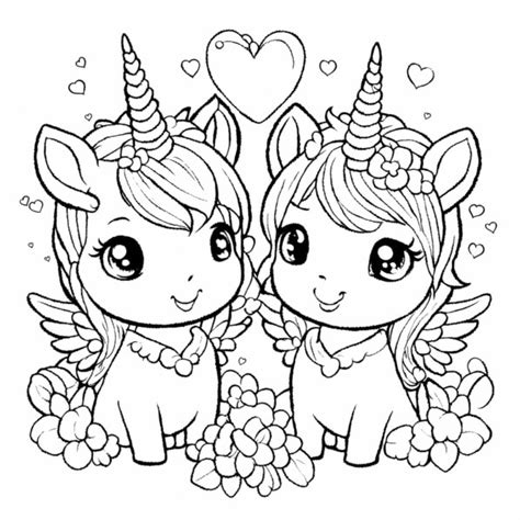 Download Cute Cartoon Unicorns With Flowers And Hearts Coloring Pages