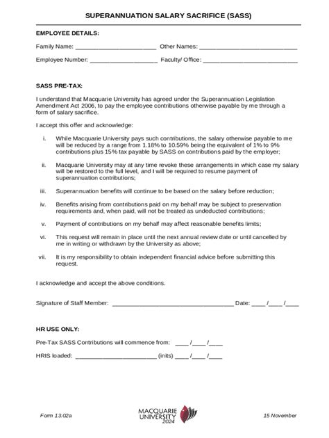 Employee Superannuation Salary Sacrifice Agreement Hr Mq Edu Doc Template Pdffiller