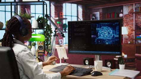 Software Developer Wearing Headphones Using Computer At Home For Artificial Intelligence