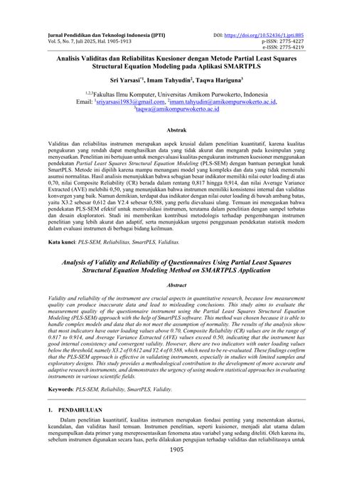 Pdf Analisis Validitas Dan Reliabilitas Kuesioner Dengan Metode Partial Least Squares