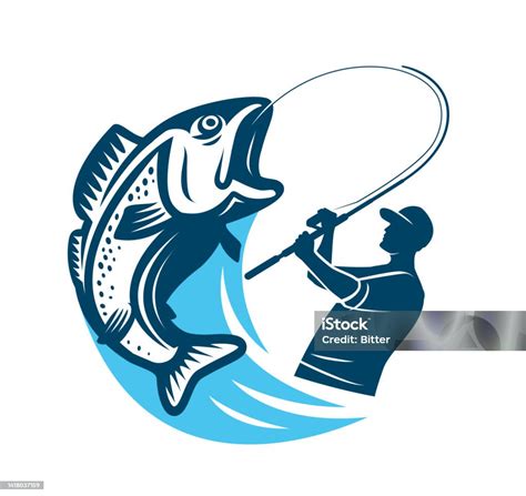 큰 물고기 엠블럼을 잡는 어부 스포츠 낚시 야외 활동 로고 또는 배지 벡터 일러스트 레이 션 기호 낚시에 대한 스톡 벡터 아트