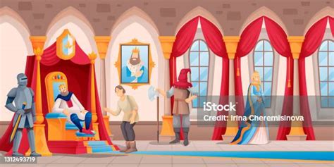 성 장면에서 왕실 사람들 왕 왕 산책 도끼와 행인 왕국 벡터 일러스트에 칼을 가진 기사 홀룸 인테리어 디자인 수평 전망 국왕에 대한 스톡 벡터 아트 및 기타 이미지 Istock