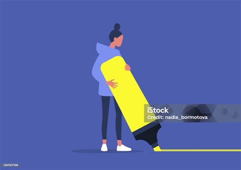 거대한 형광펜으로 젊은 여성 캐릭터 그리기 텍스트 밑줄 직장에서 밀레니엄 세대 형광펜에 대한 스톡 벡터 아트 및 기타 이미지