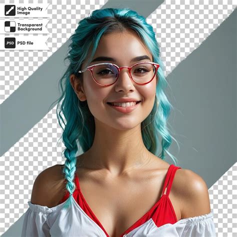 Premium Psd A Girl Wearing Glasses With A Blue Hair And A Red Frame