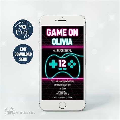 Editable Digital E Vite Game On Girl Birthday Invitation Neon Video