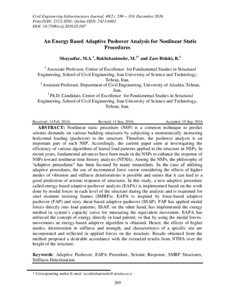 Pdf An Energy Based Adaptive Pushover Analysis For Nonlinear Static Procedures