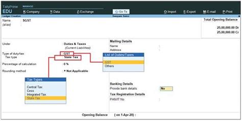 Creating GST Ledger CGST SGST IGST Under Duty And Taxes Group In TallyPrime TallyPrime