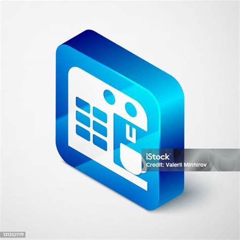 회색 배경에 격리 된 등색 커피 머신 아이콘 파란색 정사각형 버튼 벡터 3차원 형태에 대한 스톡 벡터 아트 및 기타 이미지 3차원 형태 가정 생활 가정 주방 Istock