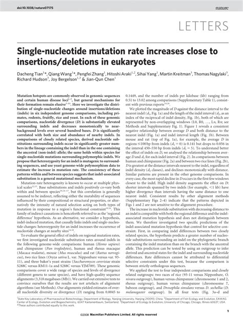 Pdf Single Nucleotide Mutation Rate Increases Close To Insertions Deletions In Eukaryotes