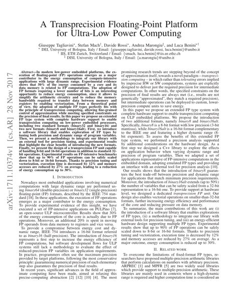 Pdf A Transprecision Floating Point Platform For Ultra Low Power