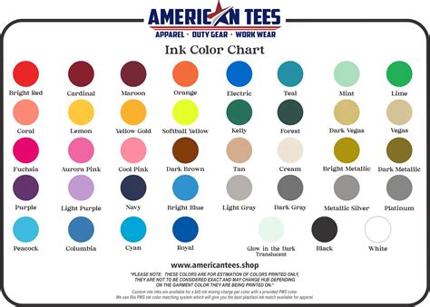Ink Color Chart American Tees Apparel And Duty Gear