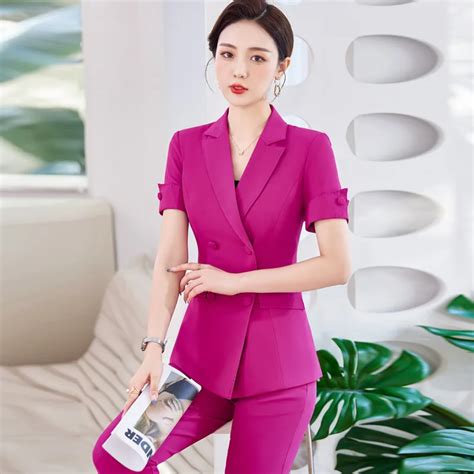 최신 봄 여름 여성 비즈니스 정장 바지와 재킷 코트 짧은 소매 전문 Pantsuit 사무실 작업복 블레이저 Aliexpress