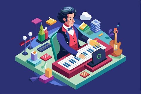Premium Vector A Composer Plays A Piano In A Colorful Workspace Filled With Musical