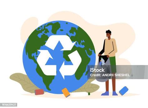 남성은 쓰레기를 수거하고 지구를 돕습니다 다양한 제품 개념의 재활용 가방에 대한 스톡 벡터 아트 및 기타 이미지 가방 구조 국경 Istock