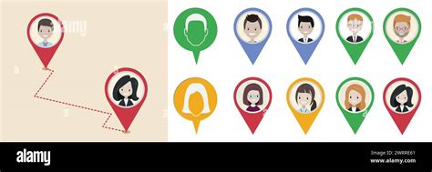 Location Map Pointer Set With Cute Male And Female Cartoon Character