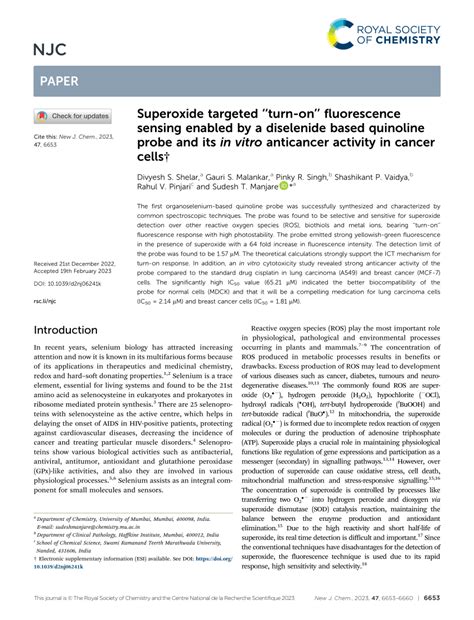 Pdf Superoxide Targeted “turn On” Fluorescence Sensing Enabled By Diselenide Based Quinoline
