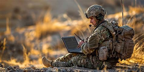Premium Photo Concentrated Young Programmer Soldier Sitting On Ground And Working With Laptop