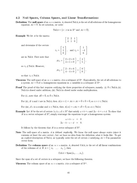 42 Null Spaces Column Spaces And Linear Transformations Pdf Linear Subspace Vector Space