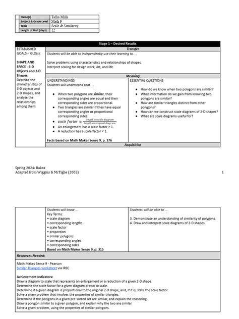 Scale And Similarity Unit Plan Pdf Mathematics Euclidean Plane