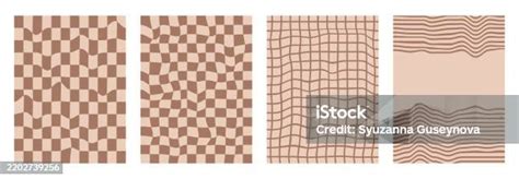 바둑판 배경 세트 사이키델릭 검사기 포스터 템플릿 빈티지 왜곡 된 그리드와 줄무늬 Y2k 수직 텍스처 벡터 70 년대 스타일 장난기 많은 평면 기하학적 물결 모양 모자이크