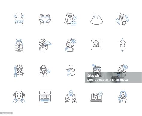 소녀 개요 아이콘 모음입니다 소녀 여성 숙녀 처녀 딸 병아리 걸 벡터 및 일러스트레이션 개념 세트 Lass Miss Mademoiselle 선형 표지판 아이콘에 대한 스톡