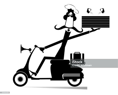 음식 상자를 가진 배달 남자가 스쿠터 일러스트레이션을 운전합니다 모터 스쿠터에 대한 스톡 벡터 아트 및 기타 이미지 모터 스쿠터 웨이터 독일 Istock
