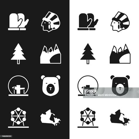 산 크리스마스 트리 벙어리 장갑 아메리카 원주민 인디언 몬트리올 생물권 곰 머리 캐나다 지도 및 관람차 아이콘을 설정합니다 벡터