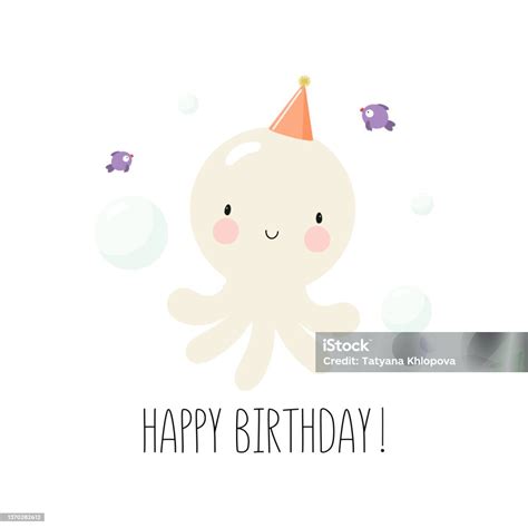 생일 파티 인사말 카드 파티 초대장 귀여운 아기 문어 캐릭터와 아이 일러스트 만화 스타일의 벡터 일러스트레이션 0명에 대한 스톡 벡터 아트 및 기타 이미지 Istock