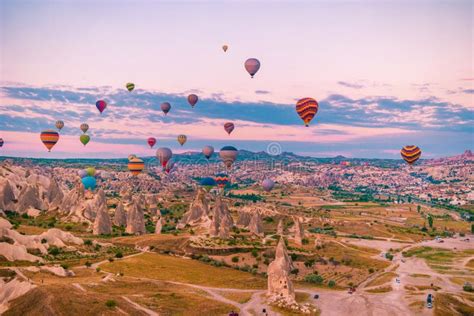 Cappadocia Turkey Sunrise In The Hills With Hot Air Balloons Kapadokya