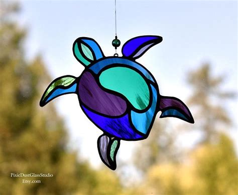 Stained Glass Sea Turtle Suncatcher Glass Honu Sun Catcher Etsy Stained Glass Sea Turtle
