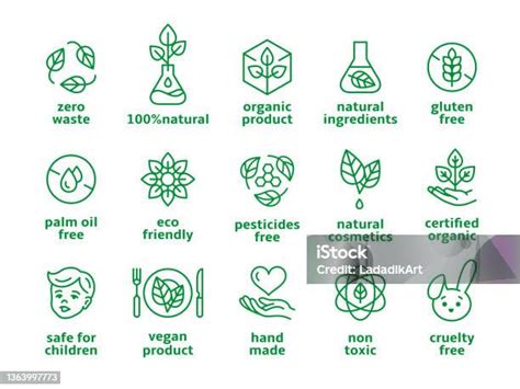유기농 화장품 기호 뷰티 에코 픽토그램 비건 아이콘 메이크업 제품에 방부제 및 화학 물질 없음 천연 깔끔한 벡터 배지 라벨 아이콘에 대한 스톡 벡터 아트 및 기타 이미지
