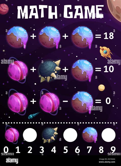Cartoon Space Planets And Stars In Galaxy Math Game Worksheet Vector