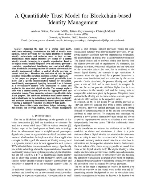 A Quantifiable Trust Model For Blockchain Based Identity Management Pdf Peer To Peer