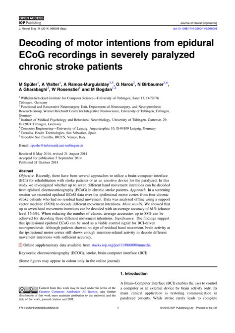 Pdf Decoding Of Motor Intentions From Epidural Ecog Recordings In Severely Paralyzed Chronic