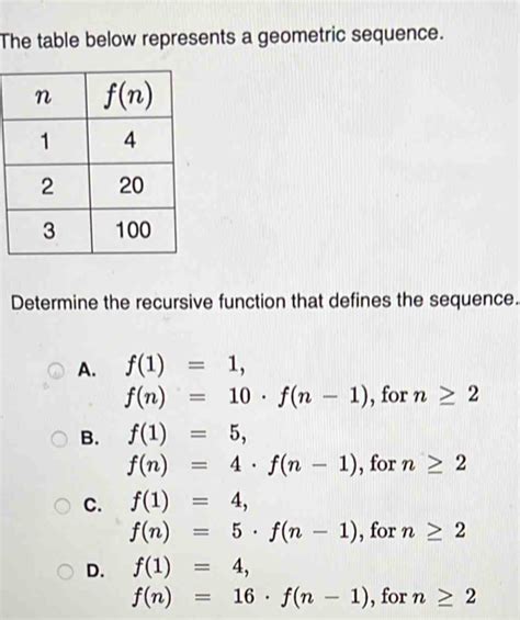solved the table below represents a geometric sequence determine the recursive function that