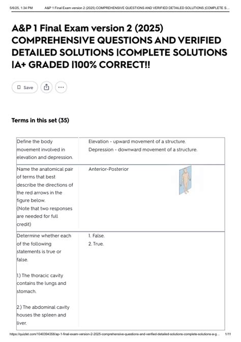 Aandp 1 Final Exam Version 2 2025 Comprehensive Questions And Verified Detailed Solutions