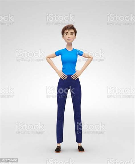 사려깊은 약혼 하 고 자신감 제니3d 만화 여성 캐릭터 모델자기 만족 하 고 안심 캐주얼 옷에 3차원 형태에 대한 스톡 벡터
