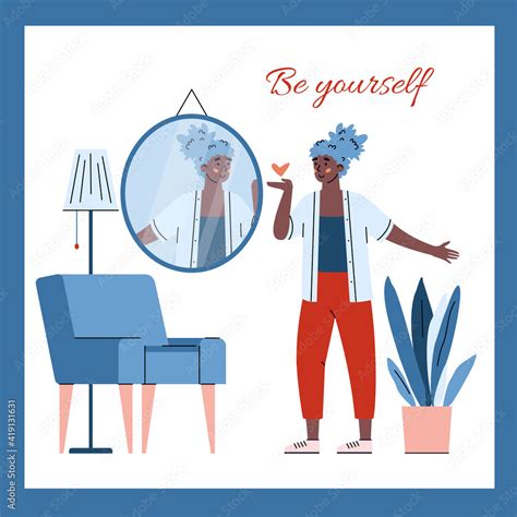 Be Yourself Slogan With Self Assured Young Woman In Front Of Mirror