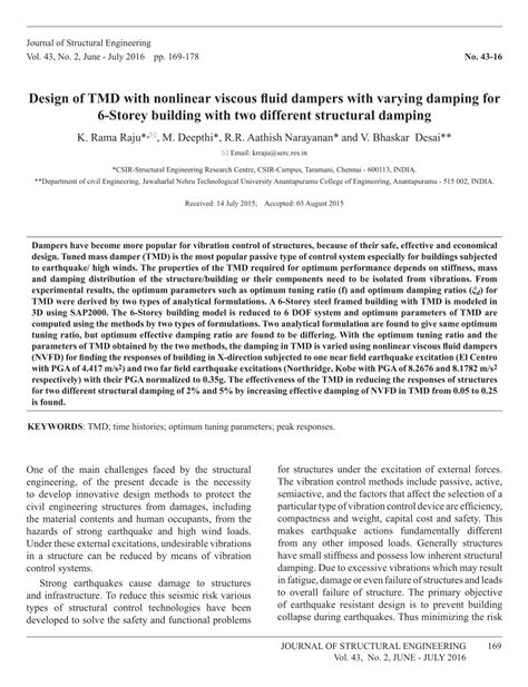 pdf design of tmd with nonlinear viscous fluid dampers with varying damping for 6 storey