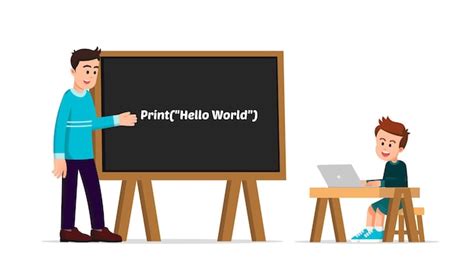 Professor do sexo masculino ensina ao aluno uma linguagem de programação Vetor Premium