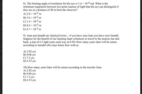 Solved The Limiting Angle Of Resolution For The Eye Is Chegg