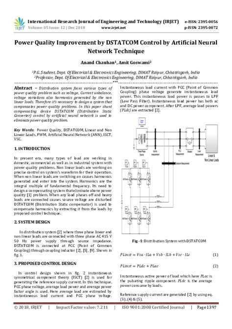 Pdf Irjet Power Quality Improvement By Dstatcom Control By Artificial